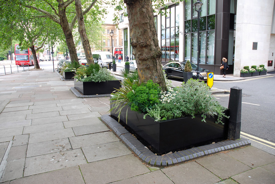 Bespoke steel tree planters for Park Lane hotel | IOTA | ESI External Works