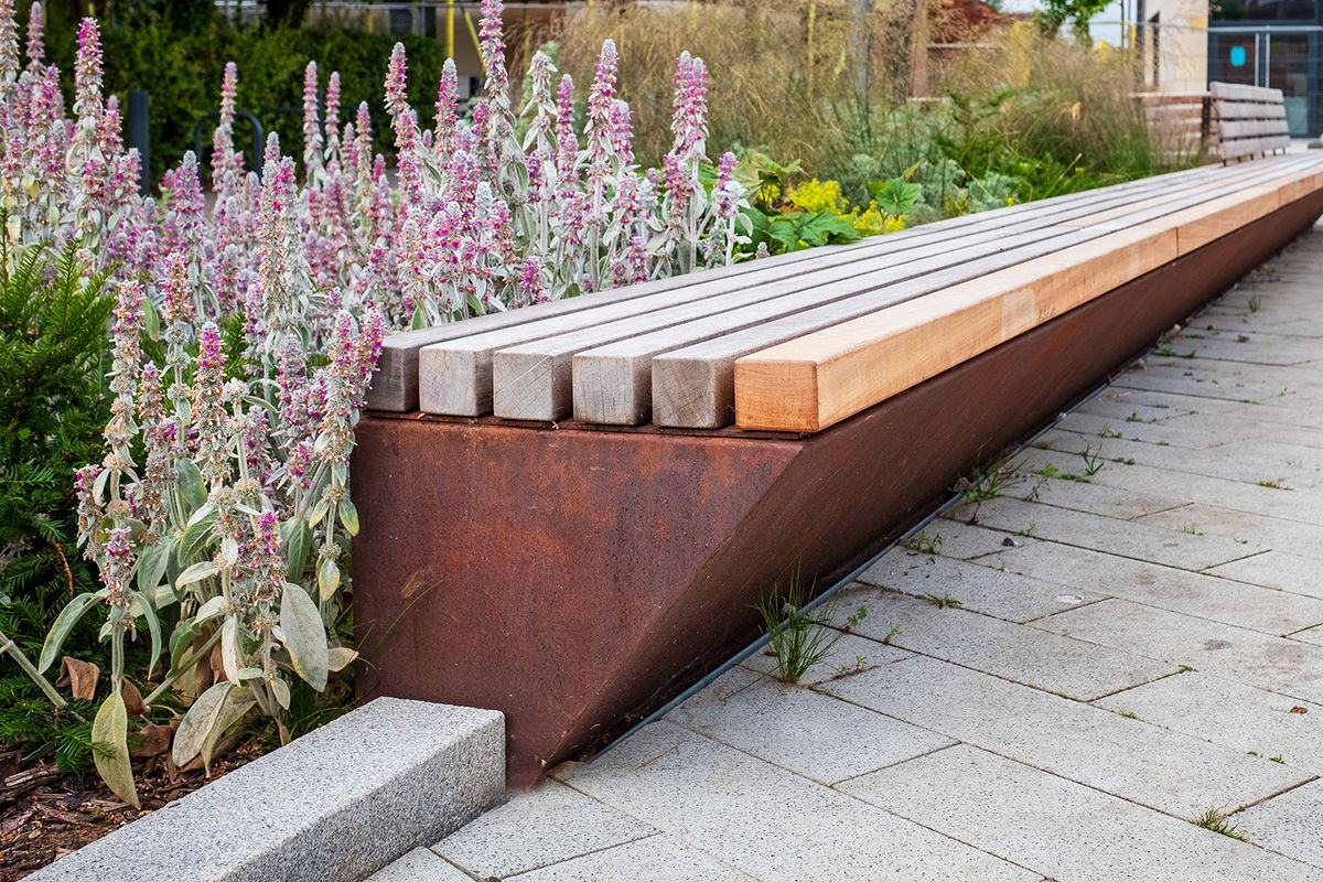 Corten steel and timber planter/benches - Daventry | IOTA | ESI ...