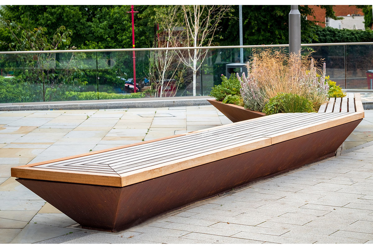 Corten steel and timber planter/benches - Daventry | IOTA | ESI ...