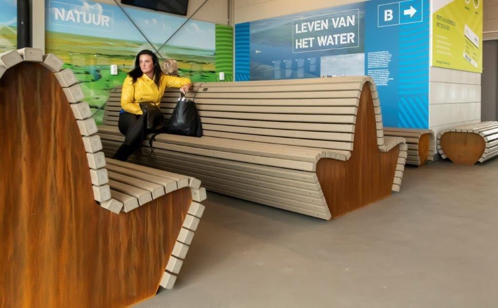 Knokke - recycled plastic and corten steel double-sided outdoor bench ...