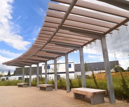 Bespoke timber pergola and street furniture for innovation campus ...