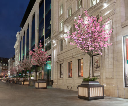 Bespoke bronze illuminated tree and movable planters | Urban Street ...
