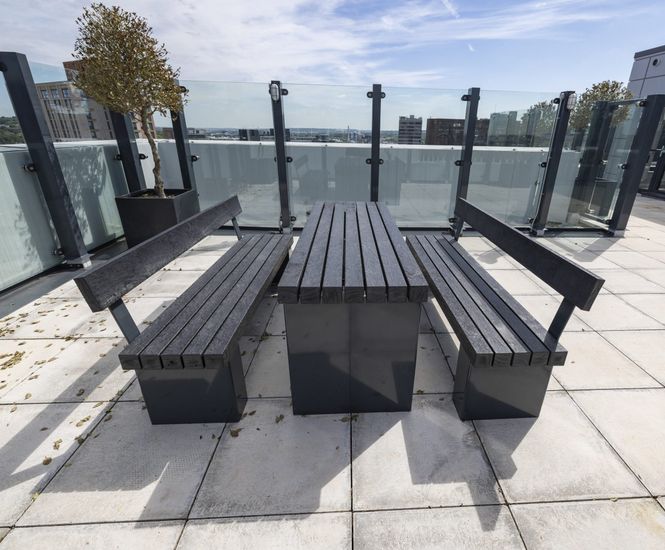 External seating and picnic tables for student accommodation | Langley ...