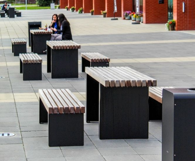 Seating and waste collection units for state-of-the-art building ...