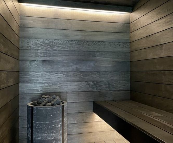 Traditional Finnish sauna with bespoke grey-coloured timber | Drom UK