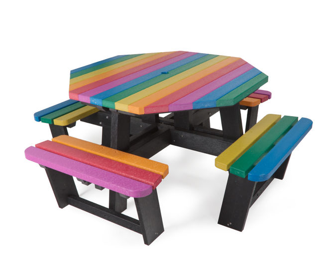 Octagonal Rainbow multi-coloured recycled plastic picnic table | Earth ...