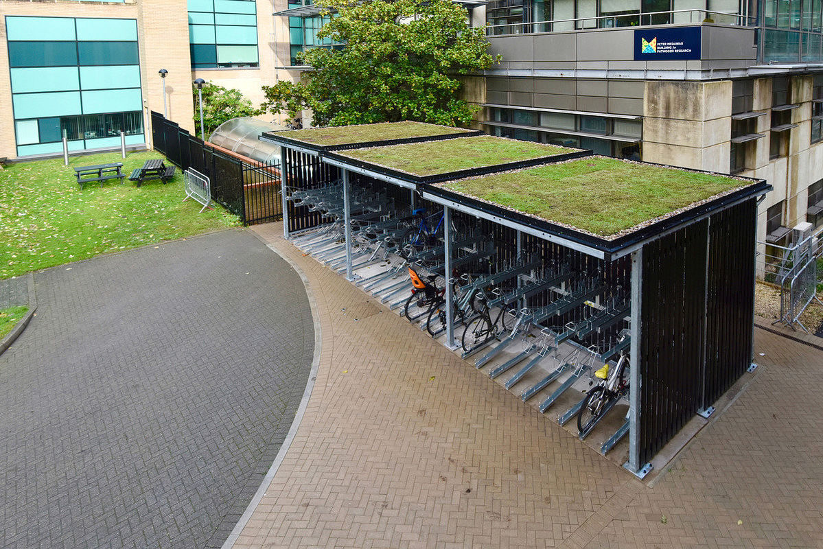 Green roof cycle shelter and 2-tier bike racks for university | Images