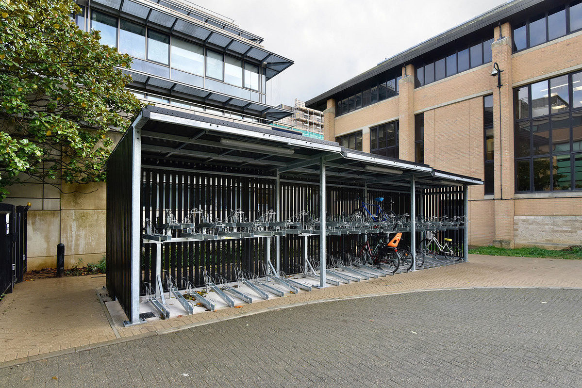 Green roof cycle shelter and 2-tier bike racks for university | Images