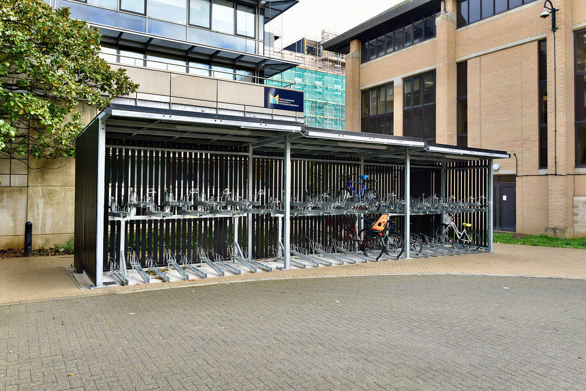 Green roof cycle shelter and 2-tier bike racks for university | Images