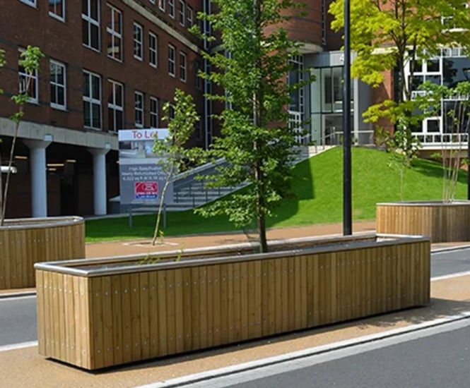 Castleton rectangular planter timber with steel capping | Street Design