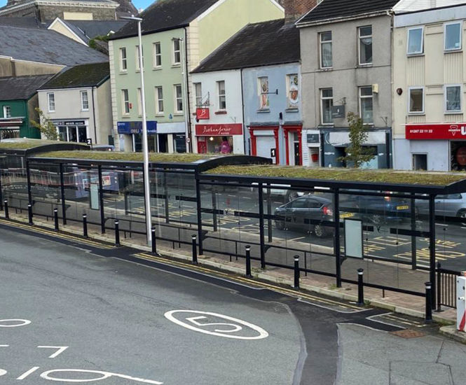 Bus passenger covered walkway with wildflower green roof | Trueform