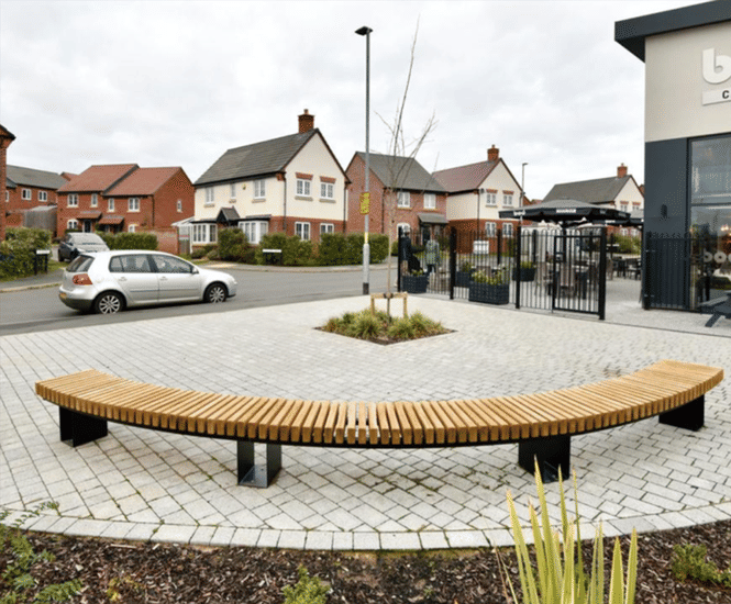 Helston - contemporary curved mild steel and timber bench | Broxap