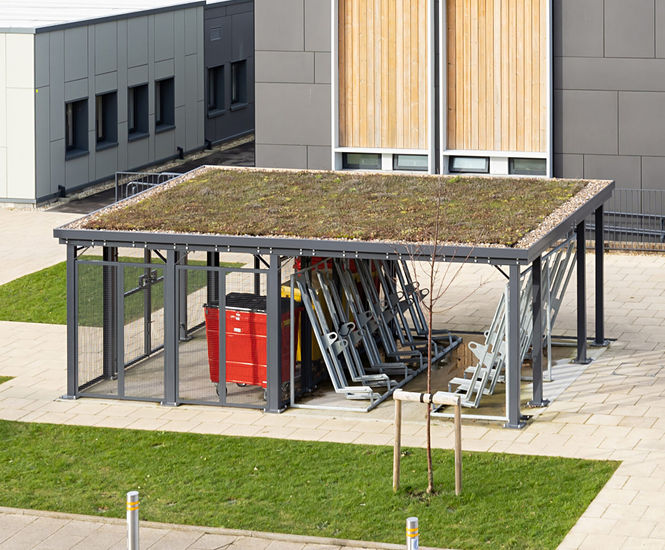 Hybrid sedum-roofed cycle shelter and bin store - Southmead Hospital ...