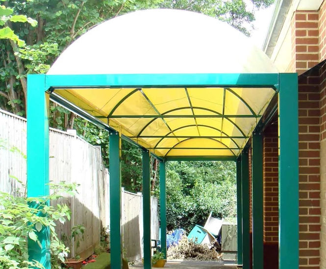 Airone Tunnel 150 - pvc steel outdoor walkway canopy for building access | Zenith Canopy Structures