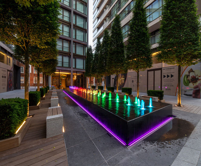 Illuminated table-top clock fountain - One Tower Bridge | Fountains Direct