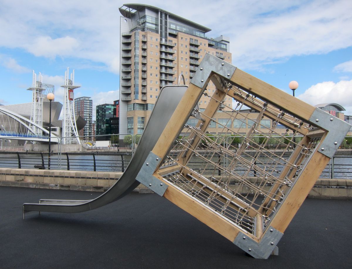 Bespoke tilting Play Cube structure for quayside park | Massey & Harris ...