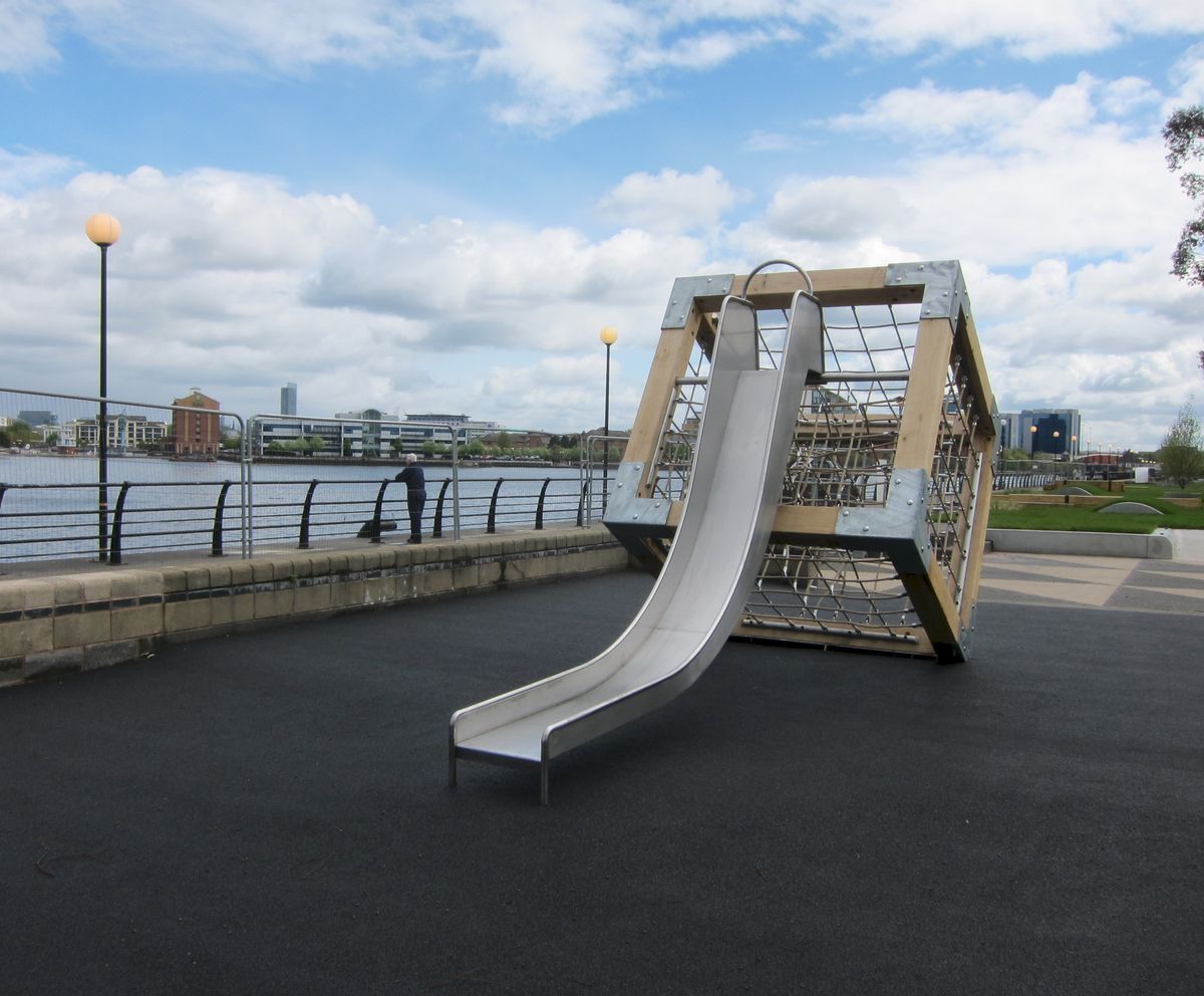 Bespoke tilting Play Cube structure for quayside park | Massey & Harris ...